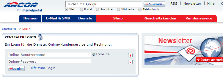 Arcor Login und Startseite arcor.de im Browser festlegen